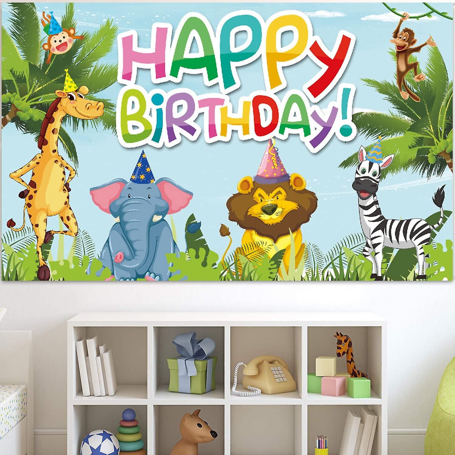 Cartoon Jungle Animal Birthday Banner Happy Birthday Theme Party ...