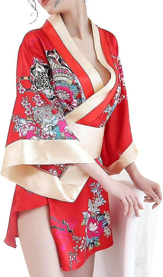 Women's Sexy Kimono Lingerie Pink Blossom Pattern Mini Kimono Dress Nightgown Bathrobe Short ...