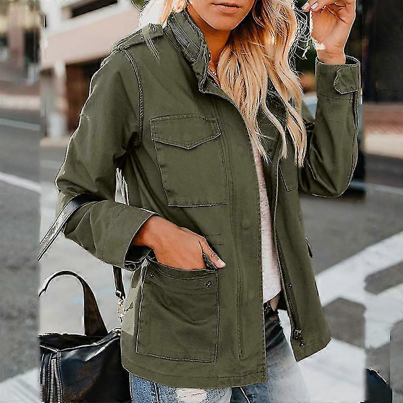 Ladies Snap Buttons Military Jacket Streetwear Fall Coat Long Sleeve ...