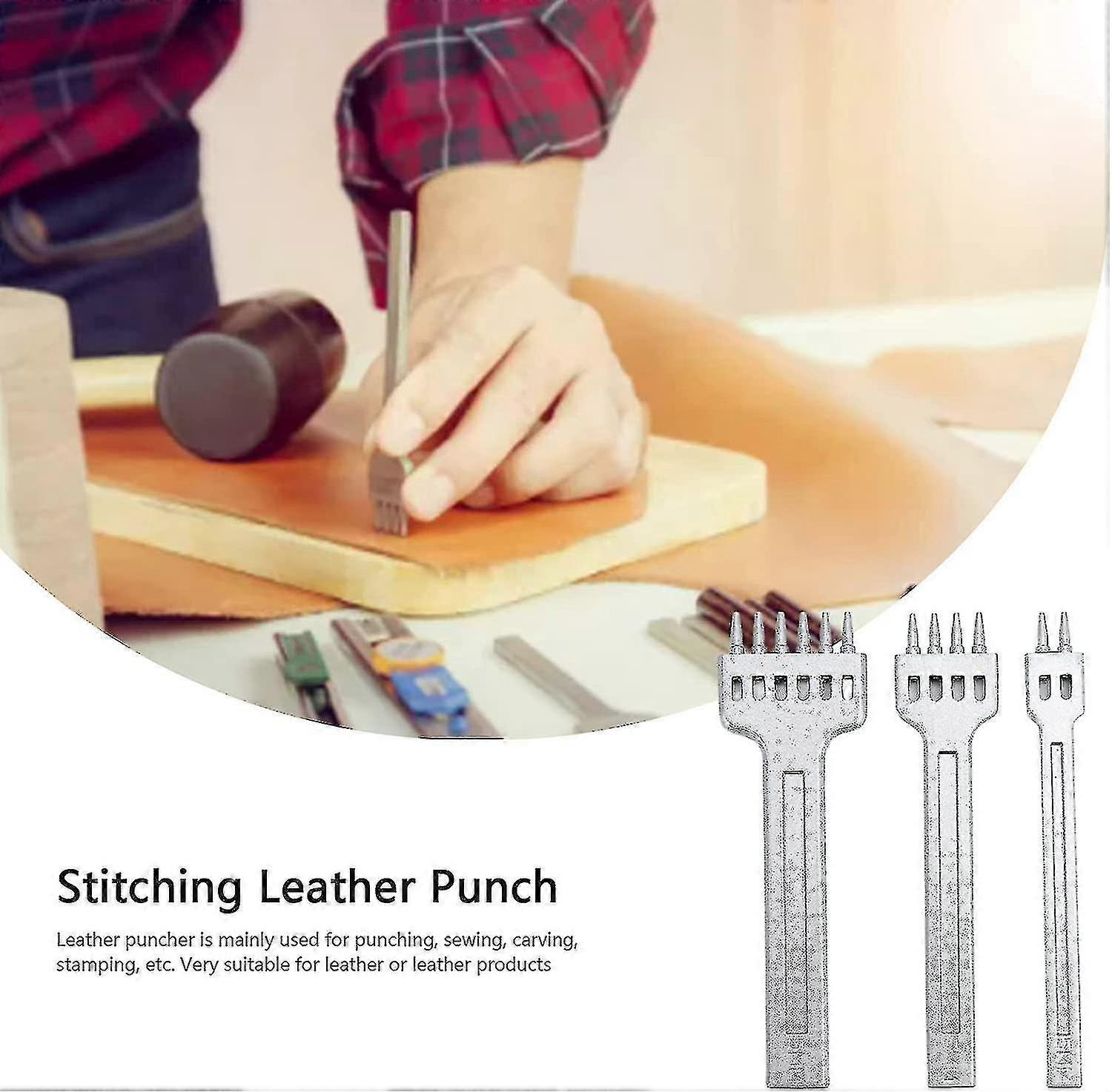 Steel Leather Stitching Punch, 2/4/6 Prong Row Hole Punch Diamond Lacing Stitching Chisel Set ...
