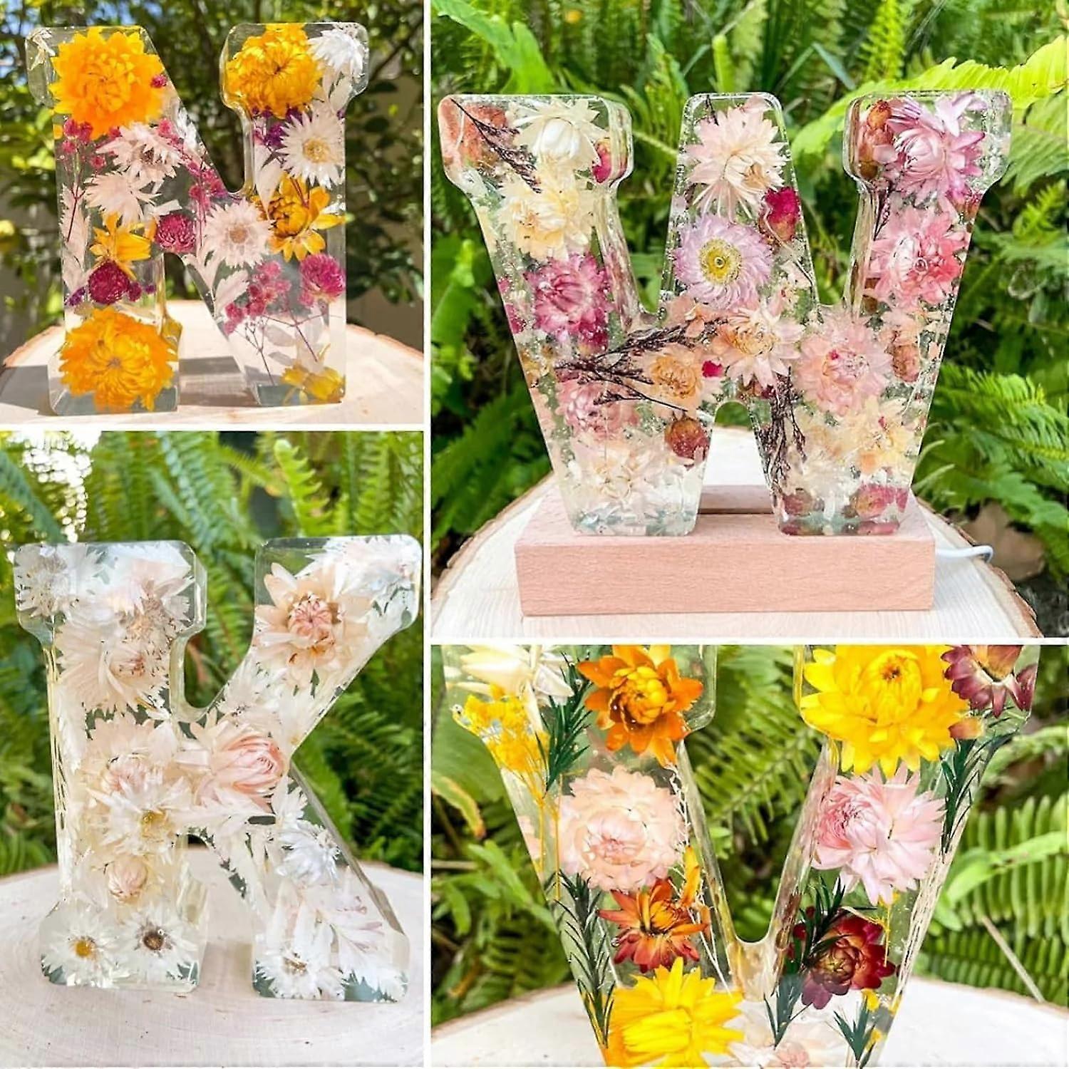 Floral Resin Night Light, Pressed Flower Resin Letters with LED Light ...