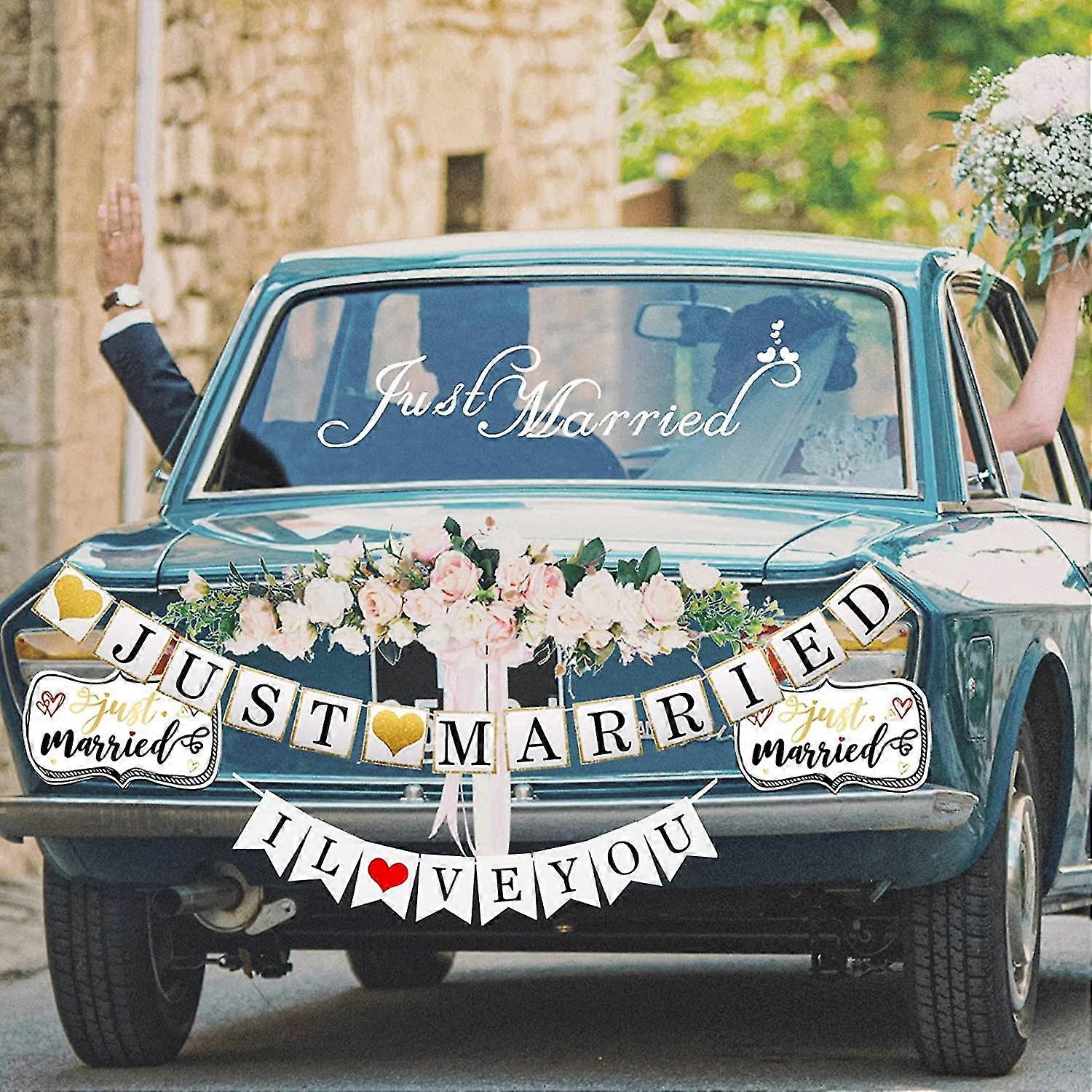 5 Pcs Just Married Car Decorations Just Married Sign Banner Just ...