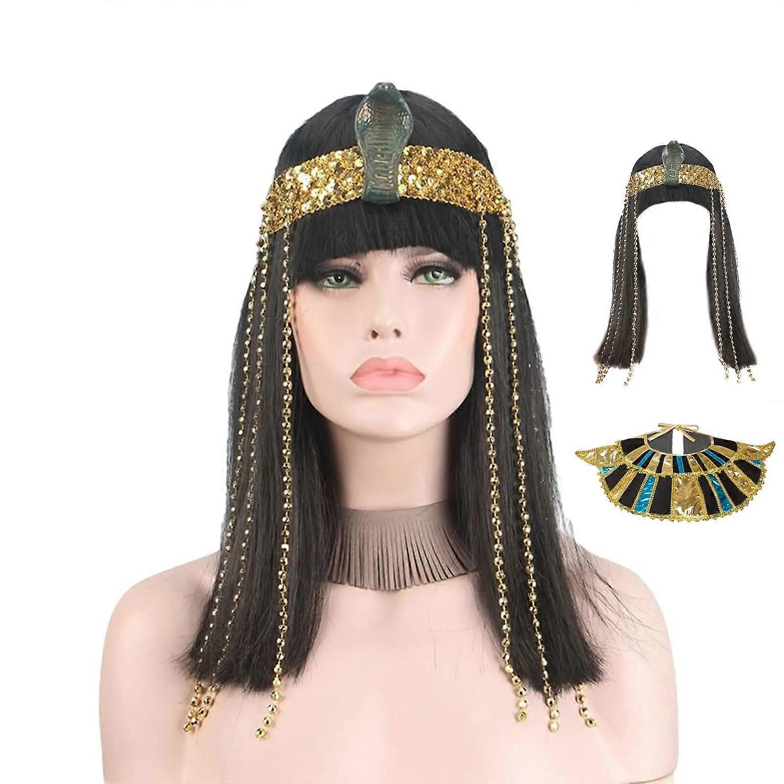 Cleopatra Egyptian Queen Wig and Beads Fringe Snake Headband Straight Hair Wig Egypt Neck Collar ...