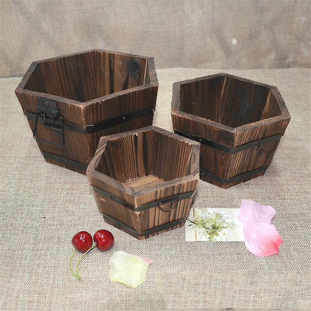 6-Pack Rustic Wood Bucket Plants Flower Pot Hexagonal Top Garden Patio ...
