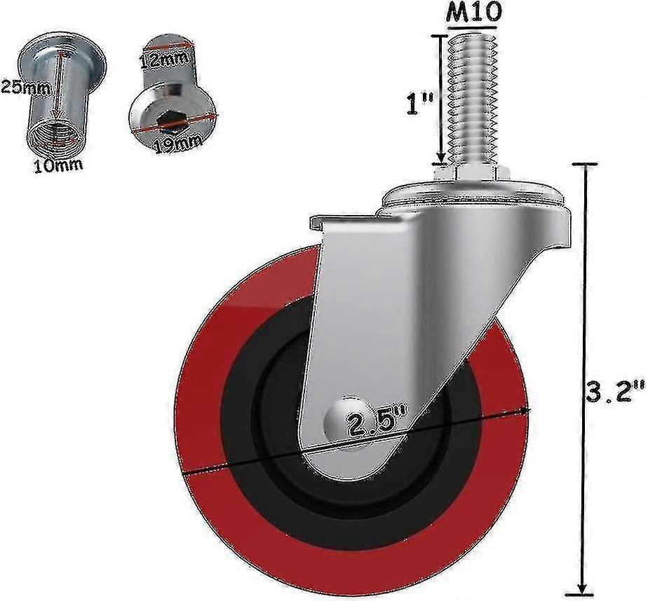 6 Pack Creeper Wheels 2.5 Inch Heavy Duty Swivel Caster Wheel With M10 ...