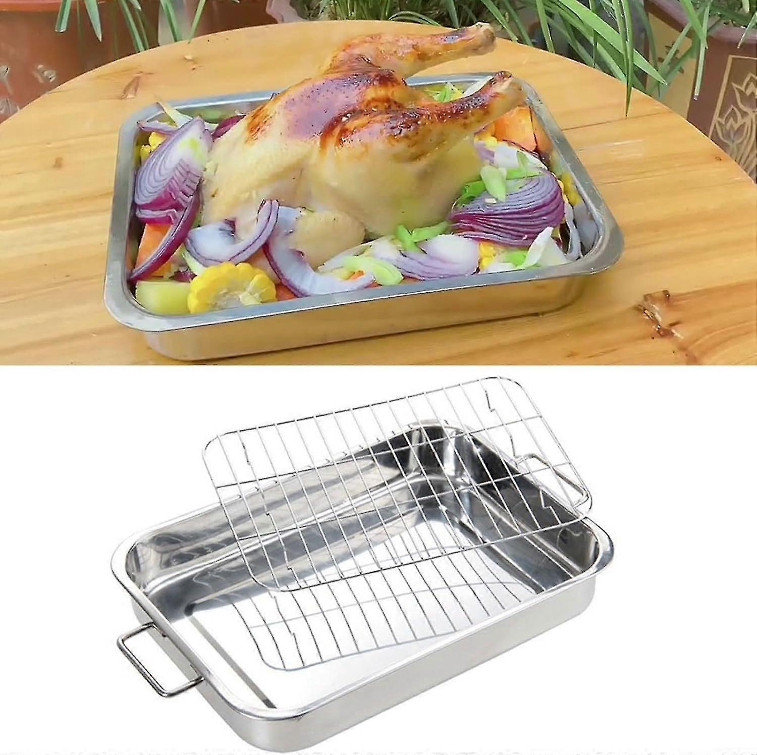 Stainless Steel Oven Pan with Rack Baking Roaster Tin Tray Kitchen ...