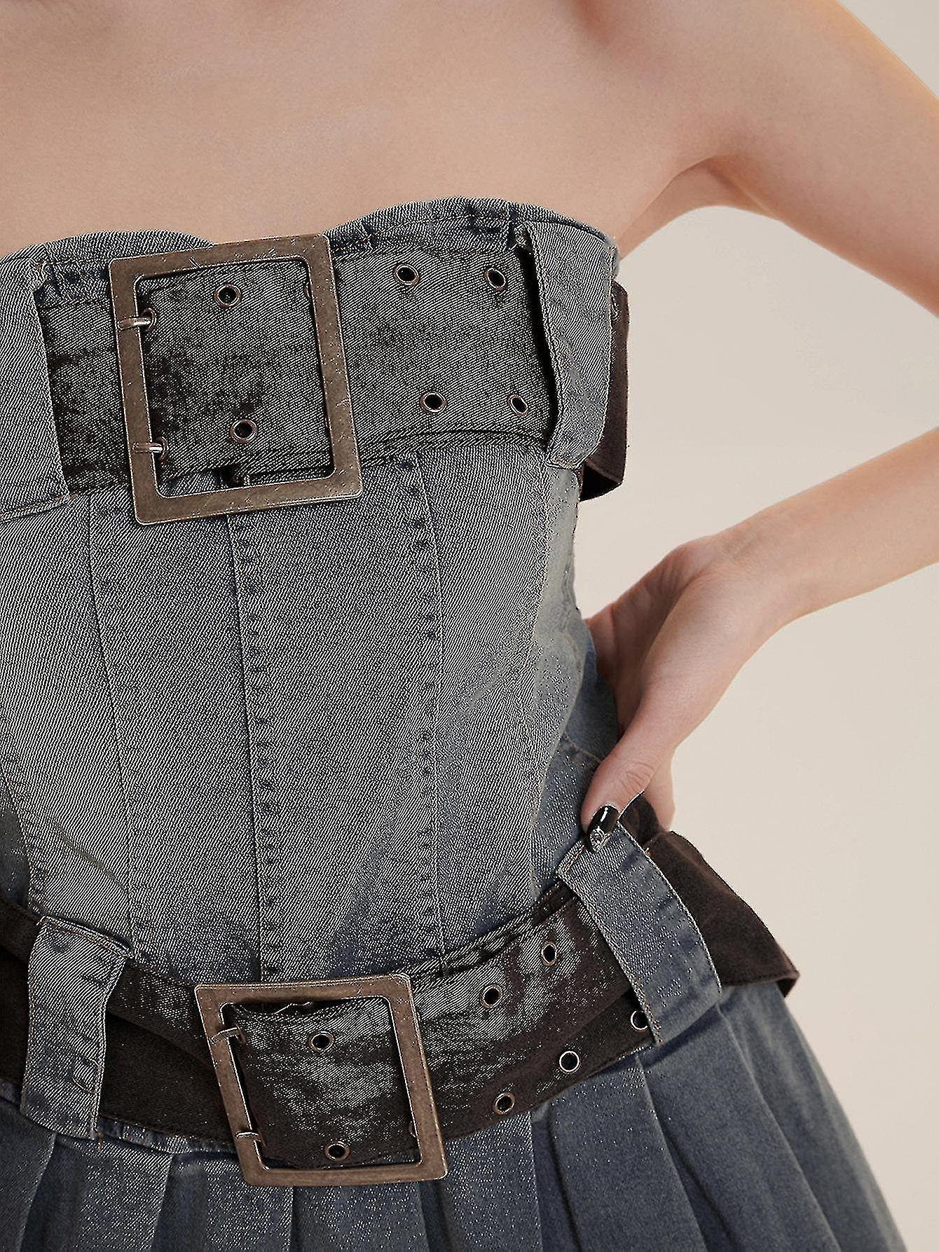 Women Bodycon Dress Belt Mini Short Jean Corset Pleated One-piece Dress ...
