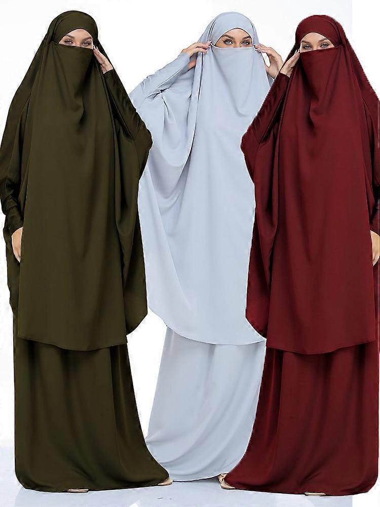 Eid Muslim Women Jilbab Hijab Dress Set Prayer Garment Abaya Long Khimar Ramadan Gown Abayas ...