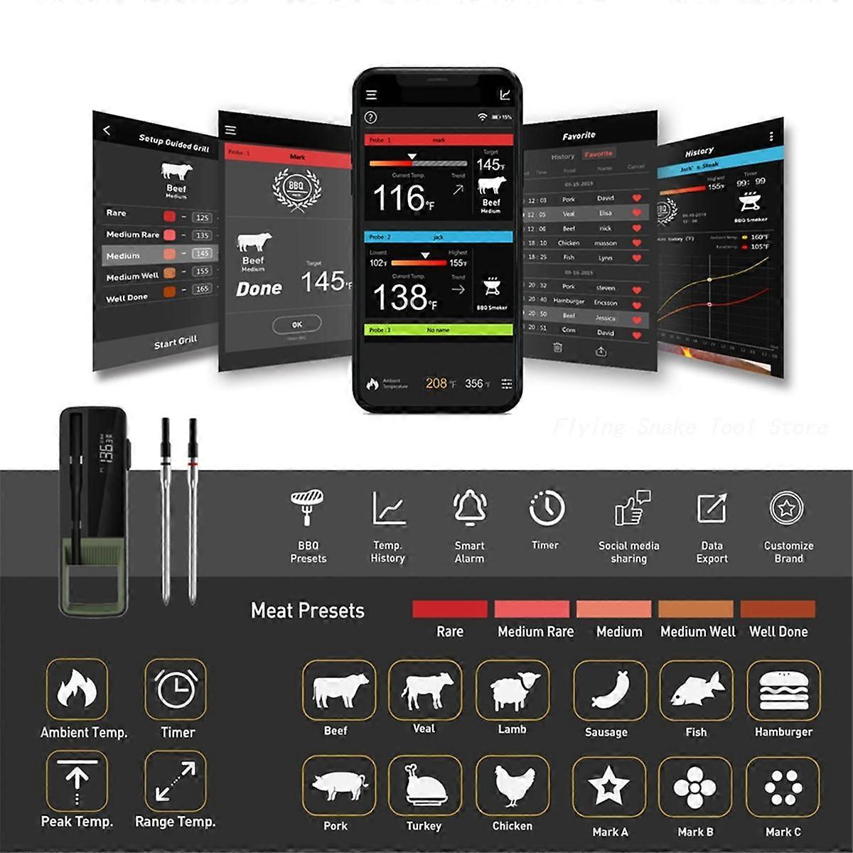 Wireless Food Meat Thermometer Smart Digital Bluetooth BBQ Thermometer ...