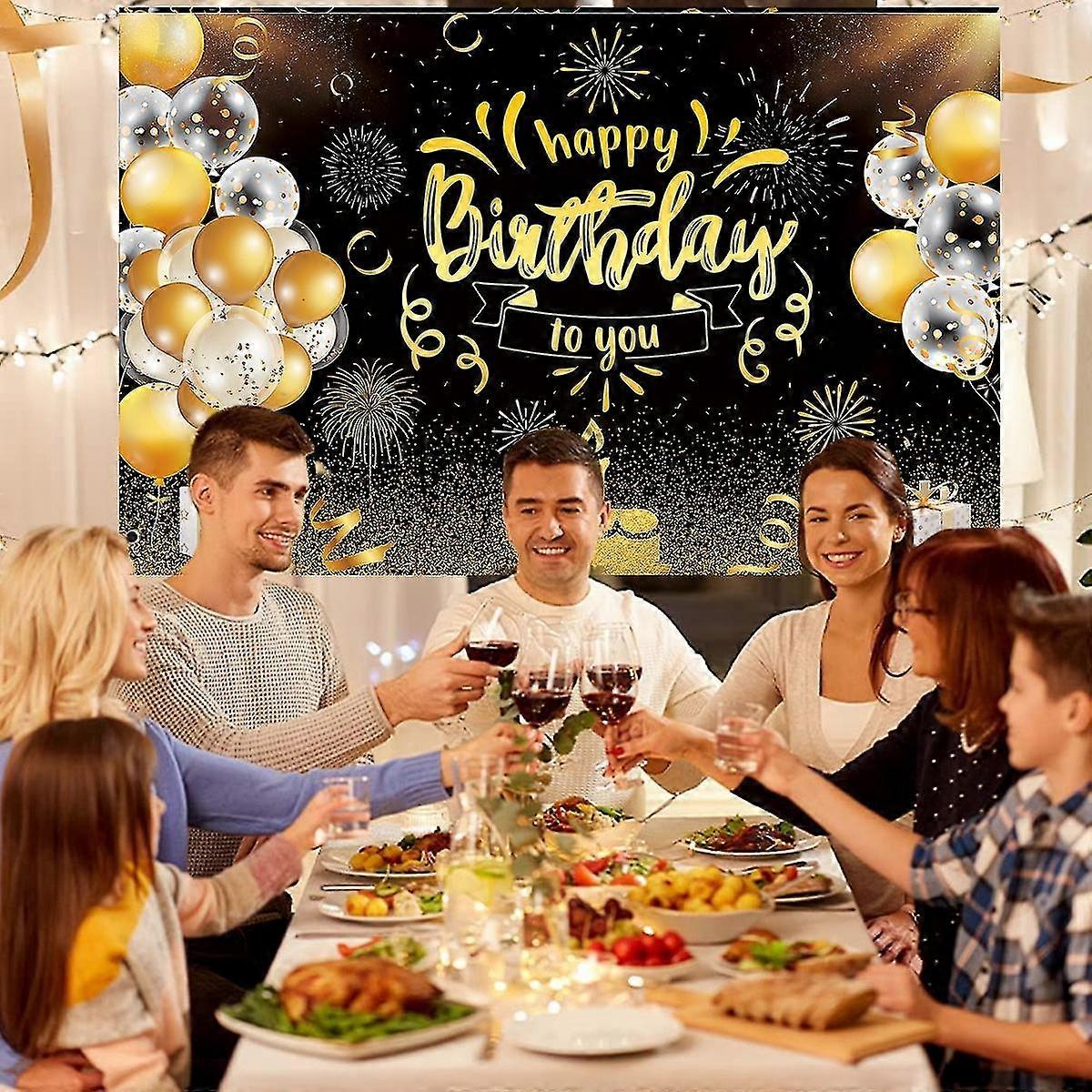 Gold Glitter Happy Birthday Party Backdrop For Photo Black Happy Birthday Adult Theme Party ...