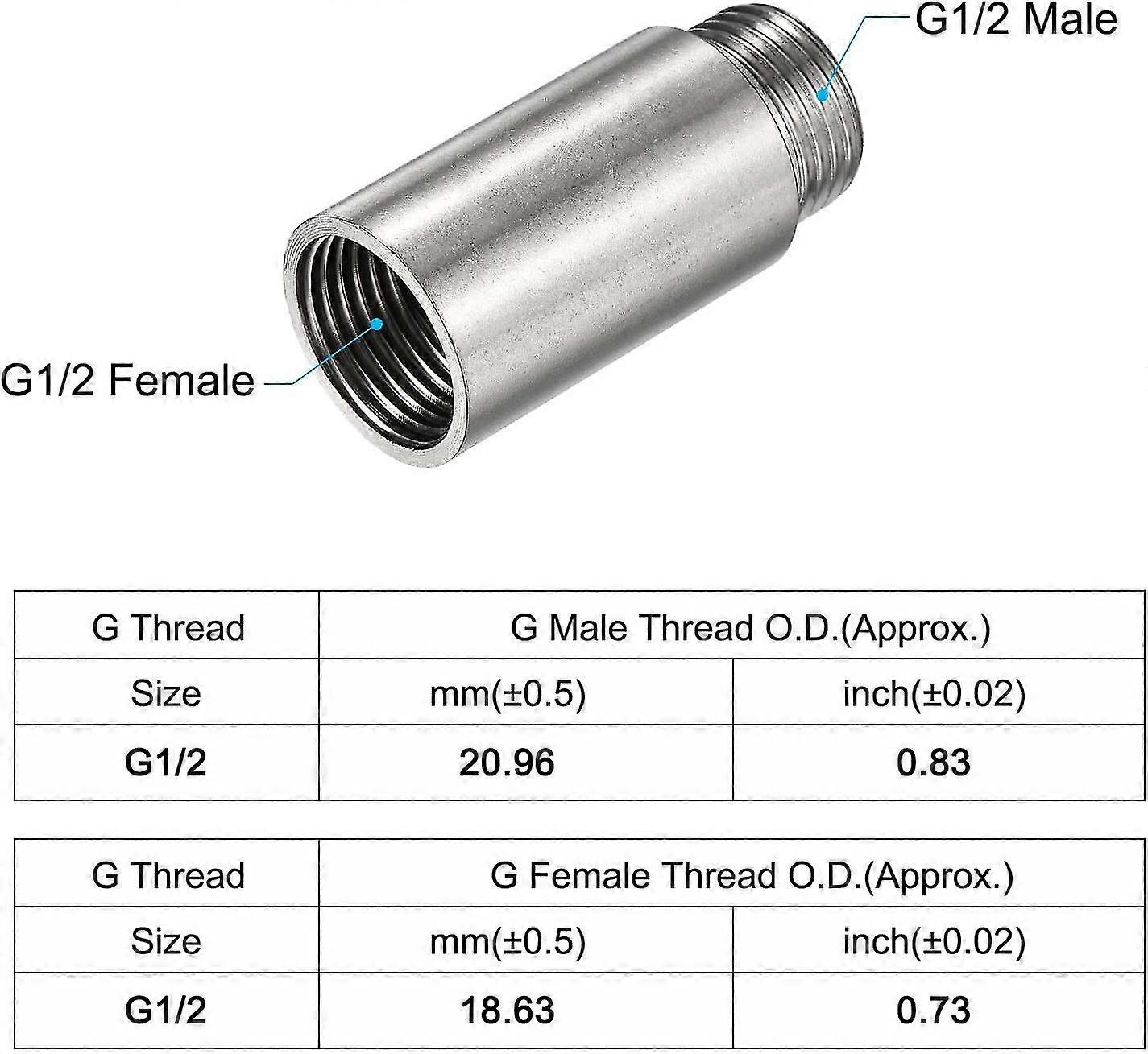 Pack of 2 Stainless Steel Extension Pipe Fitting 40mm G1/2 Female to G1/2 Male Thread Reducer ...