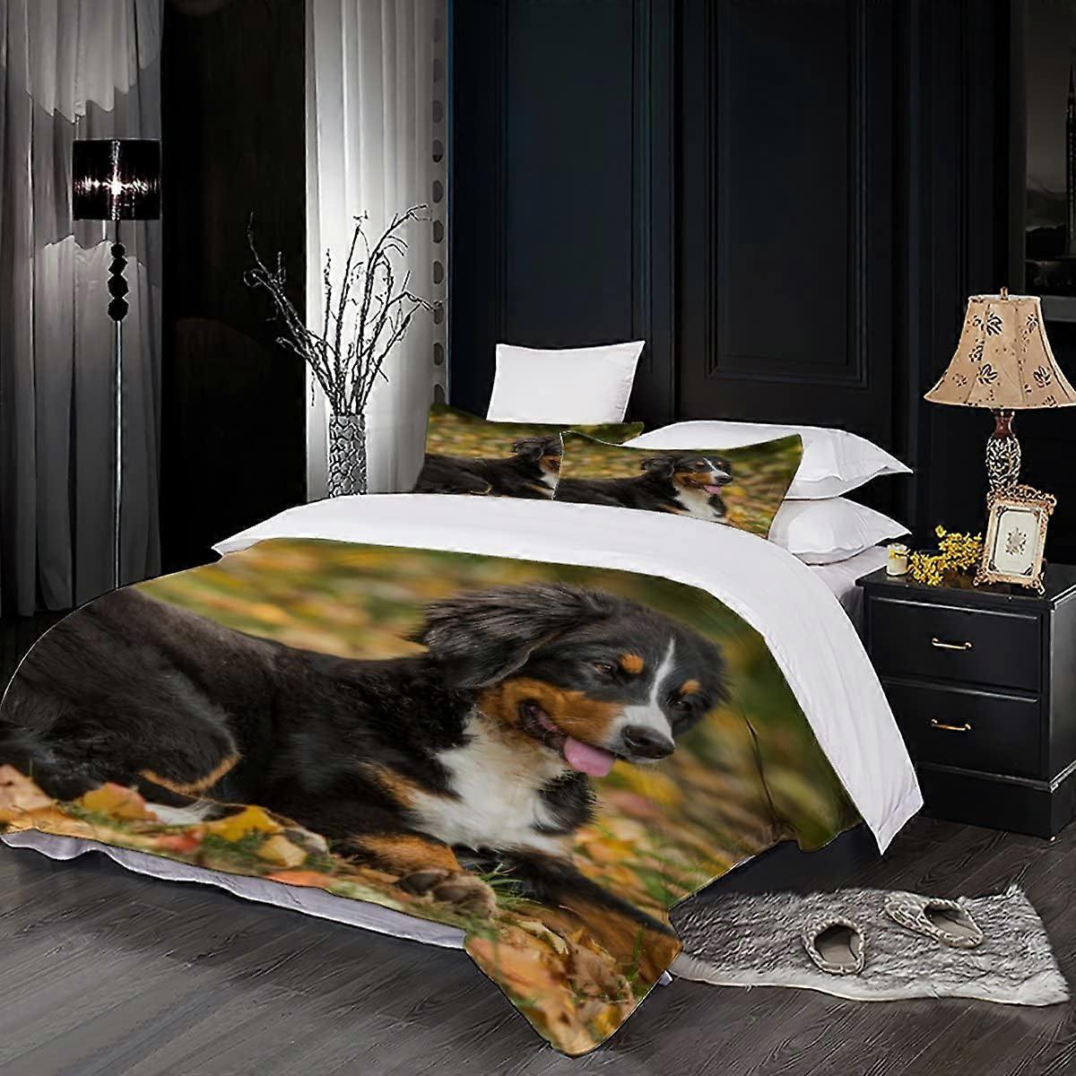 3D Pet Dog Duvet Cover, Bernese Mountain Dog Puppy Bedding Set, Green Lawn Animal Dog Duvet ...