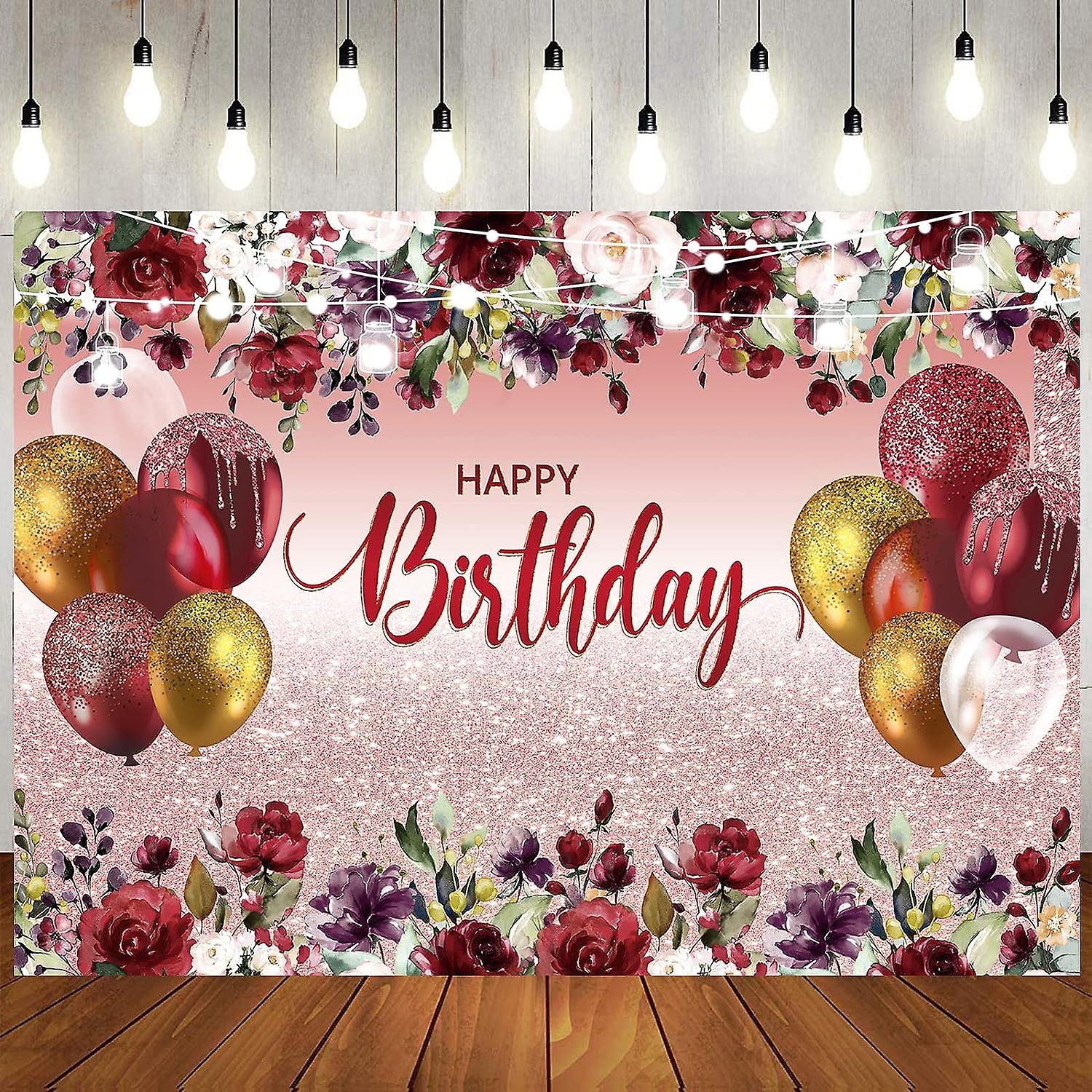 7x5ft Happy Birthday Party Backdrop Red Gold Birthday Decorations ...