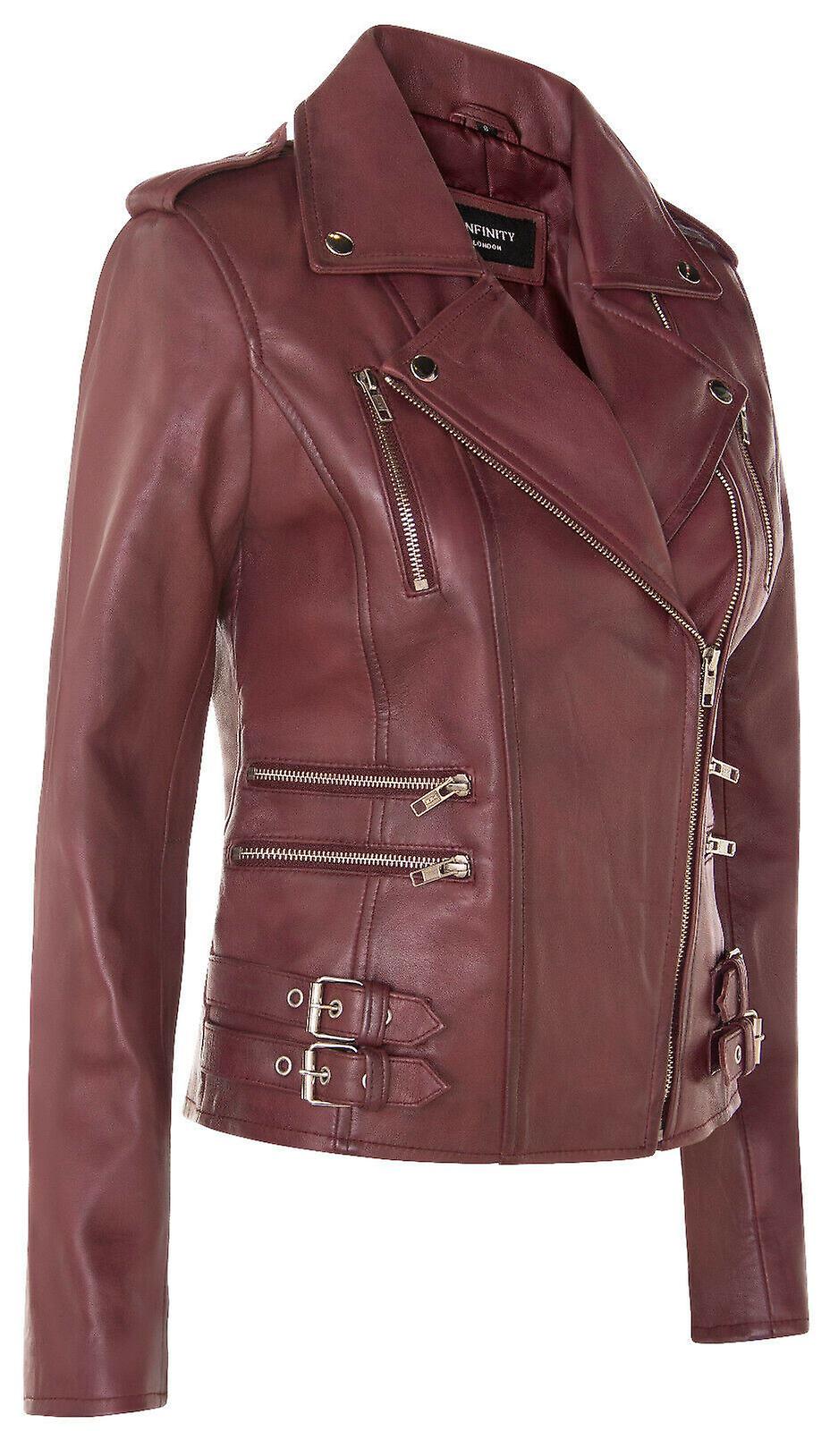 Ladies Burgundy Leather Biker Jacket | Fruugo UK