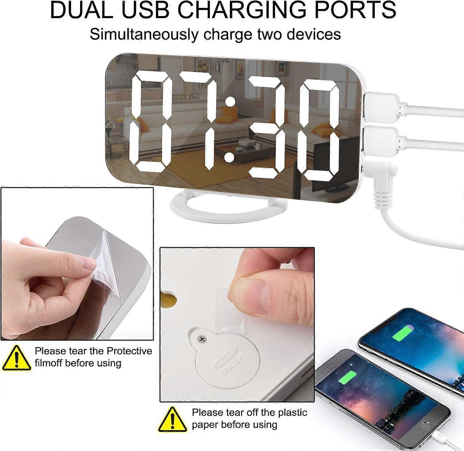 2024,Digital Alarm Clock,Mirror Surface LED Electronic Clocks,with USB ...