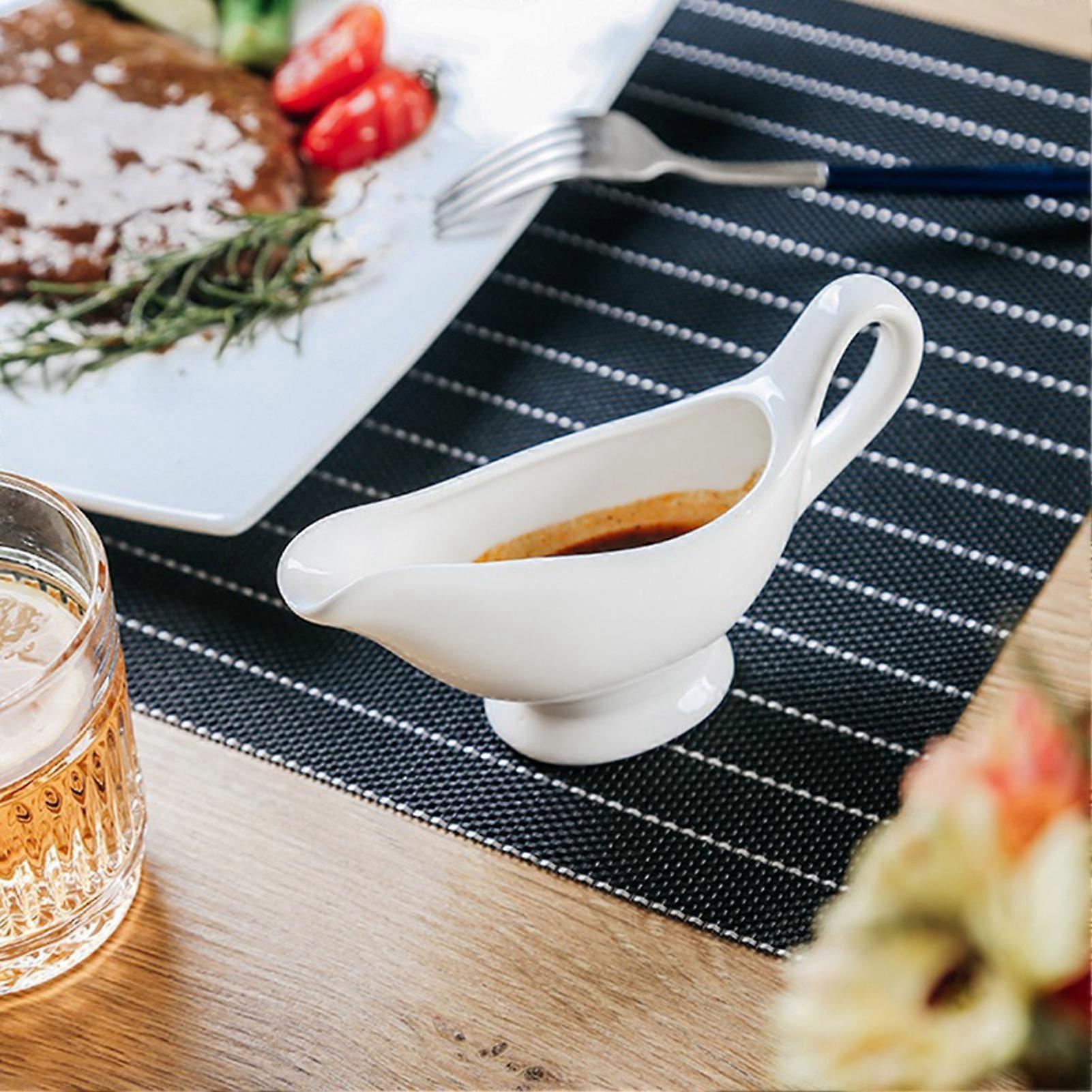 White Ceramic Gravy Boat Sauce Server with Large Pour Spout Non-Slip ...