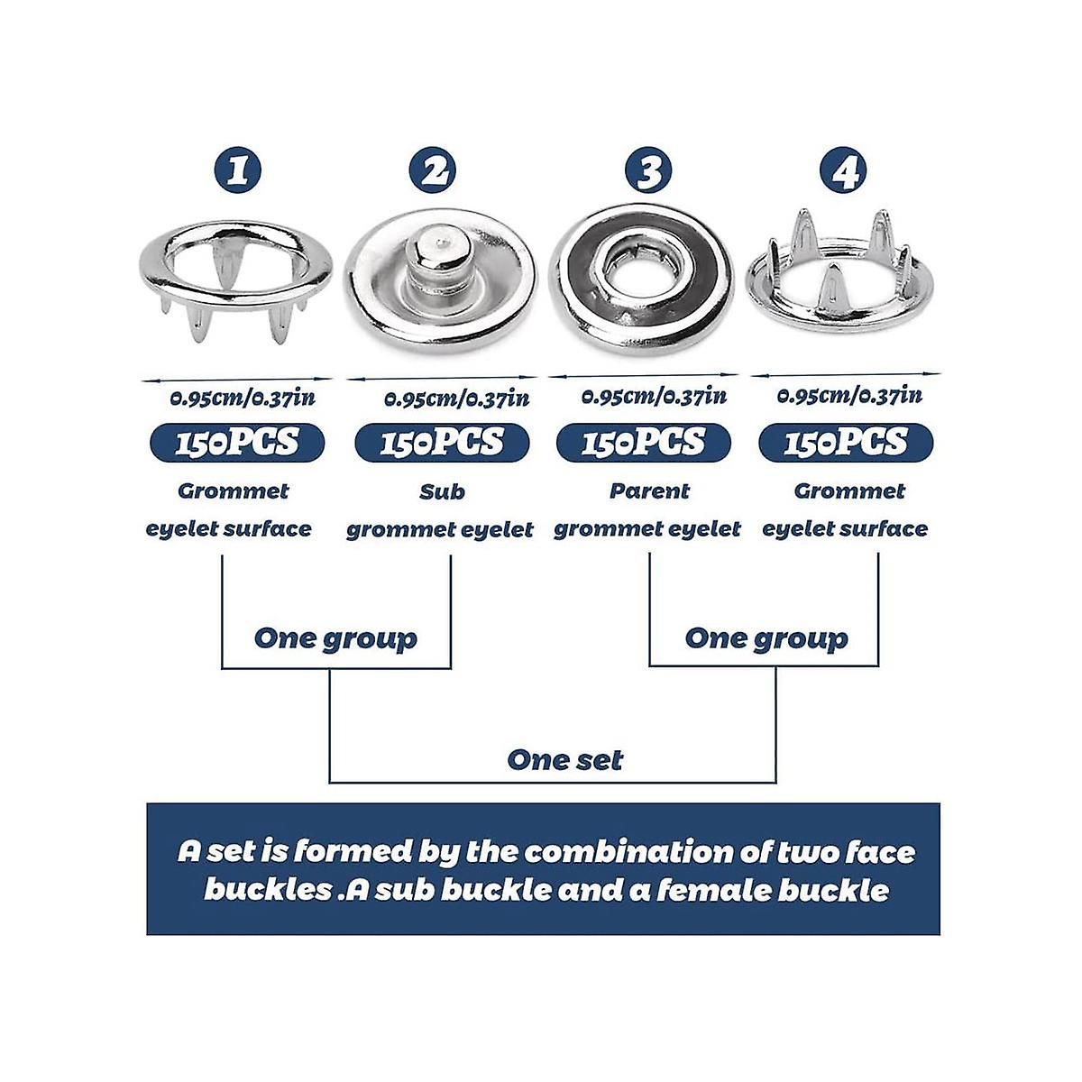 150 Sets Snap Button 9.5mm Metal Silver Snaps Buttons For Sewing And ...