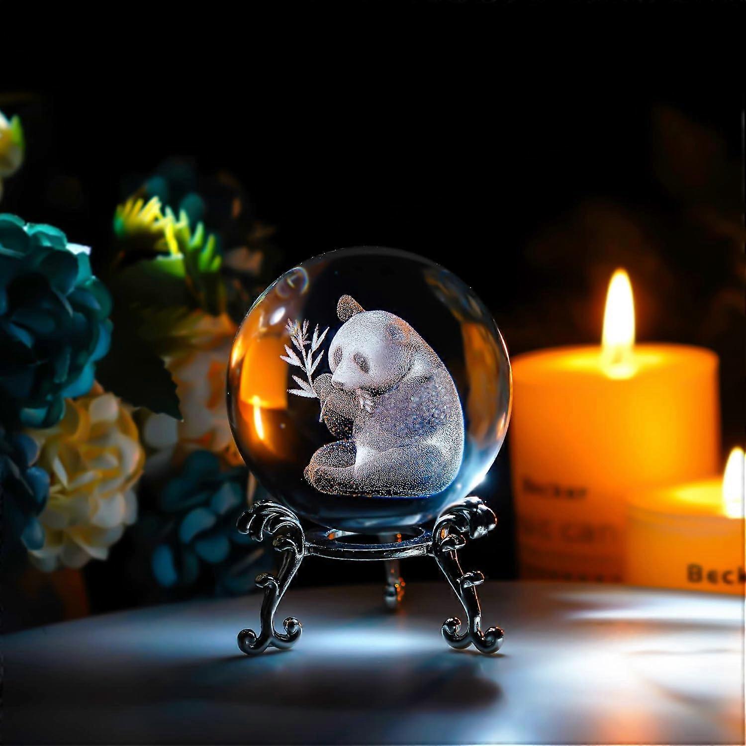 SBSG 60mm Glass Laser Engraved Panda Ball with Stand Crystal Cute Panda ...