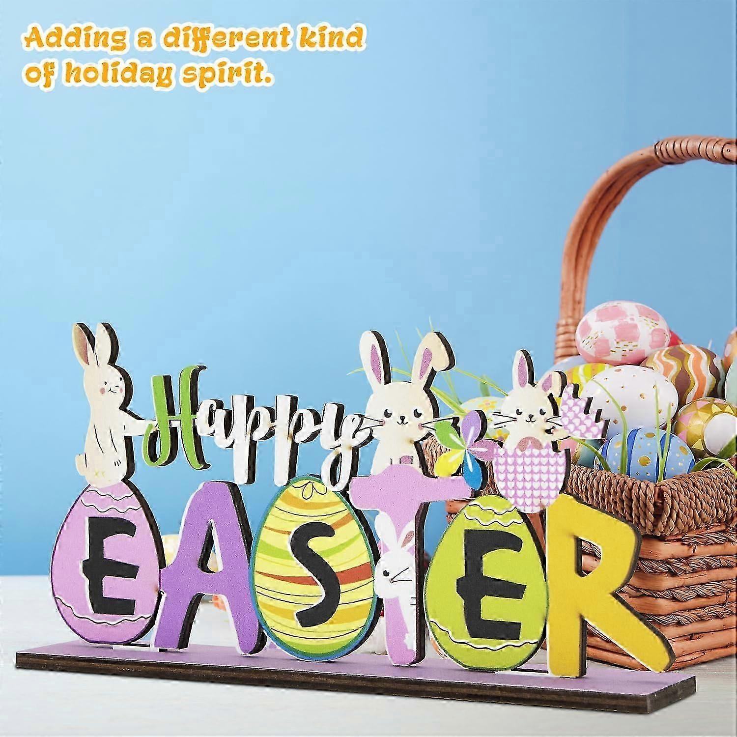 Easter Wooden Table Sign, Happy Easter Bunny Stand Tabletop Ornaments ...