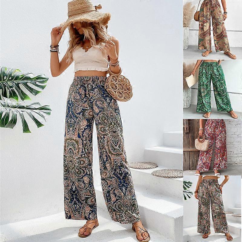 Random Print Elastic Waist Pants Casual Shirred Pants For Spring & Fall ...