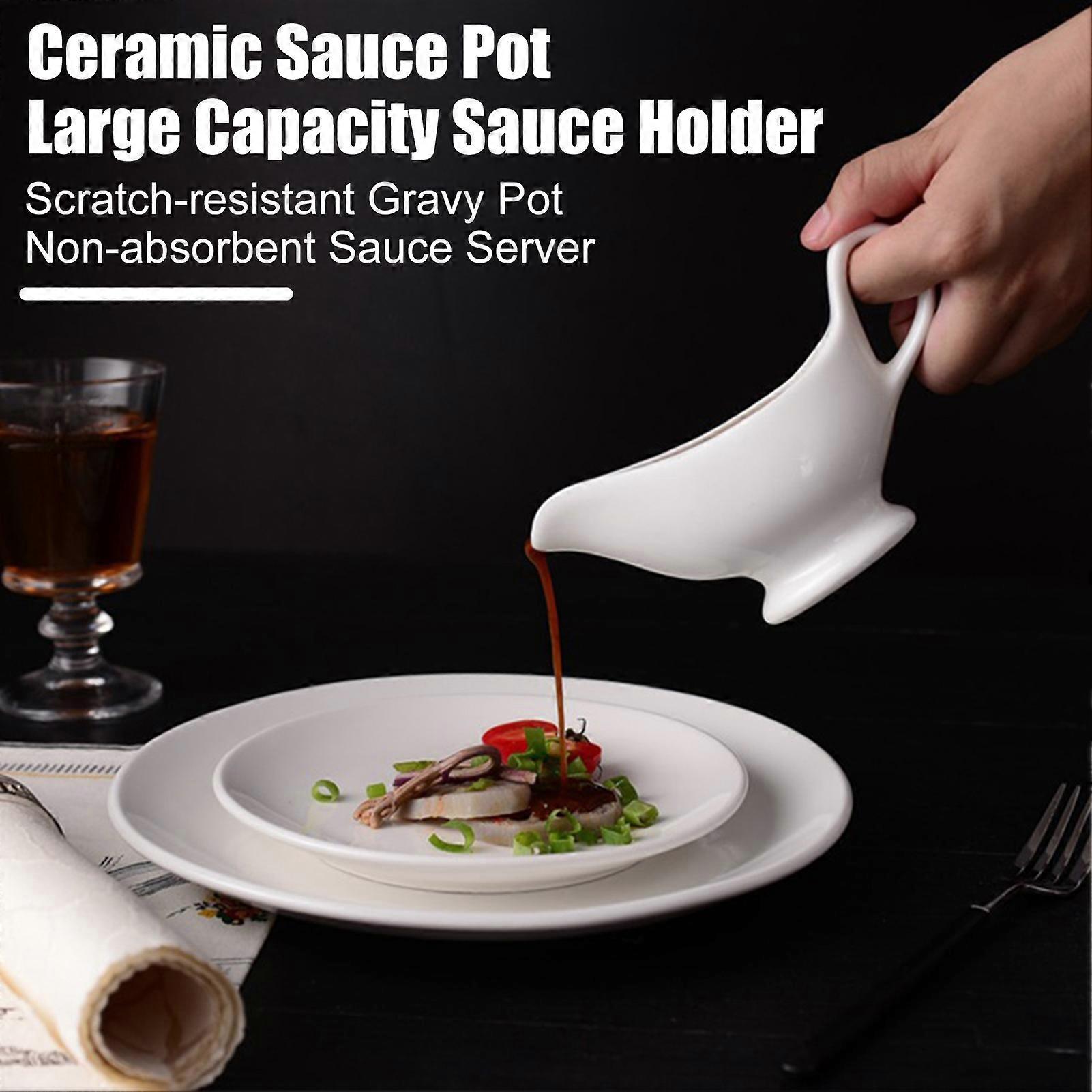 White Ceramic Gravy Boat Sauce Server with Large Pour Spout Non-Slip ...