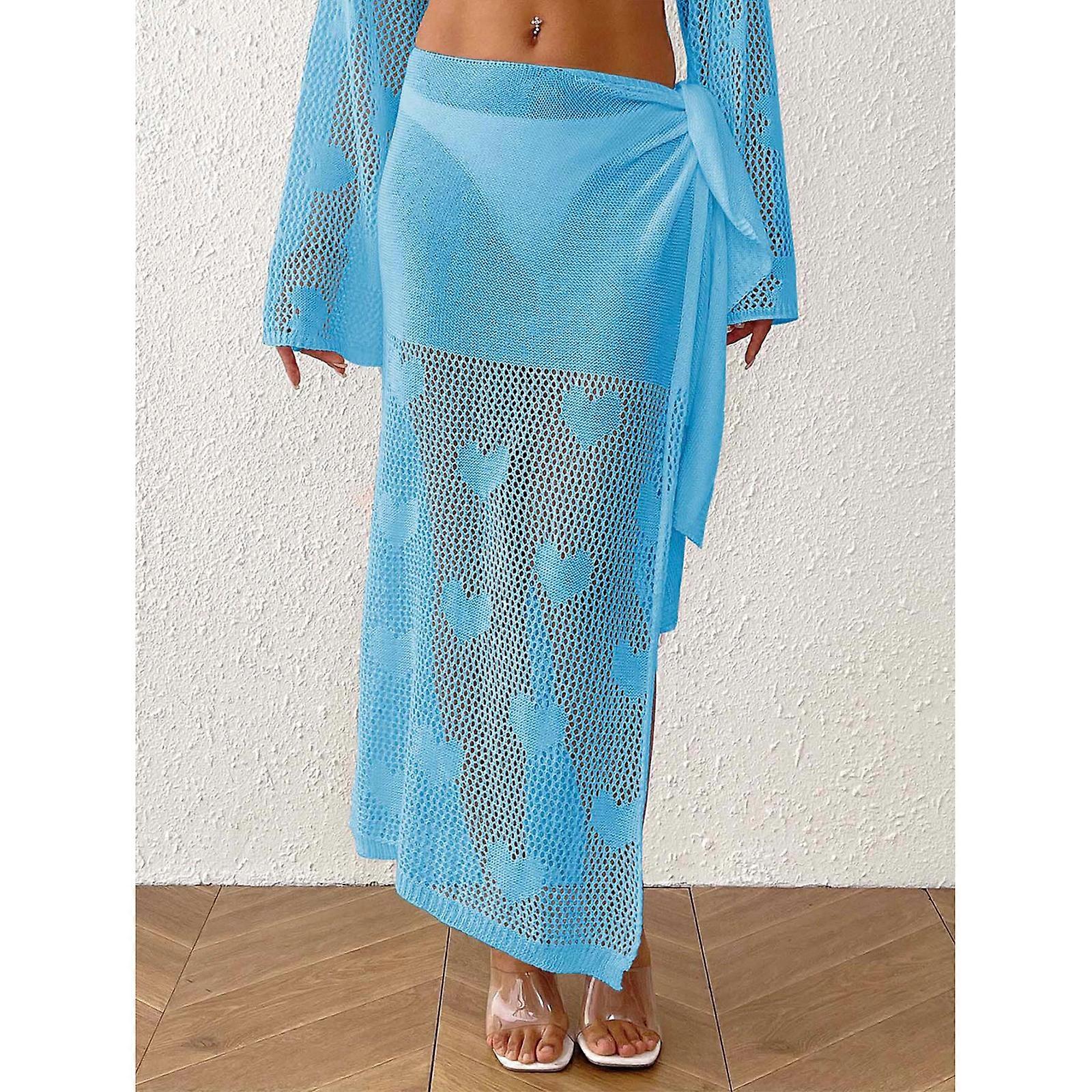 Women Hollowed Knit Beach Dress with Side Tie Long Knit Beach Coverup ...