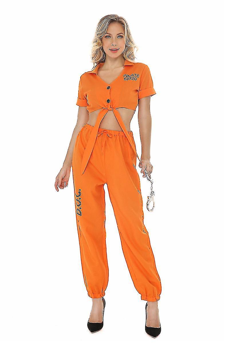 Adult Womens Orange Prisoner Costume Prison Outfits Top Pants Suit ...