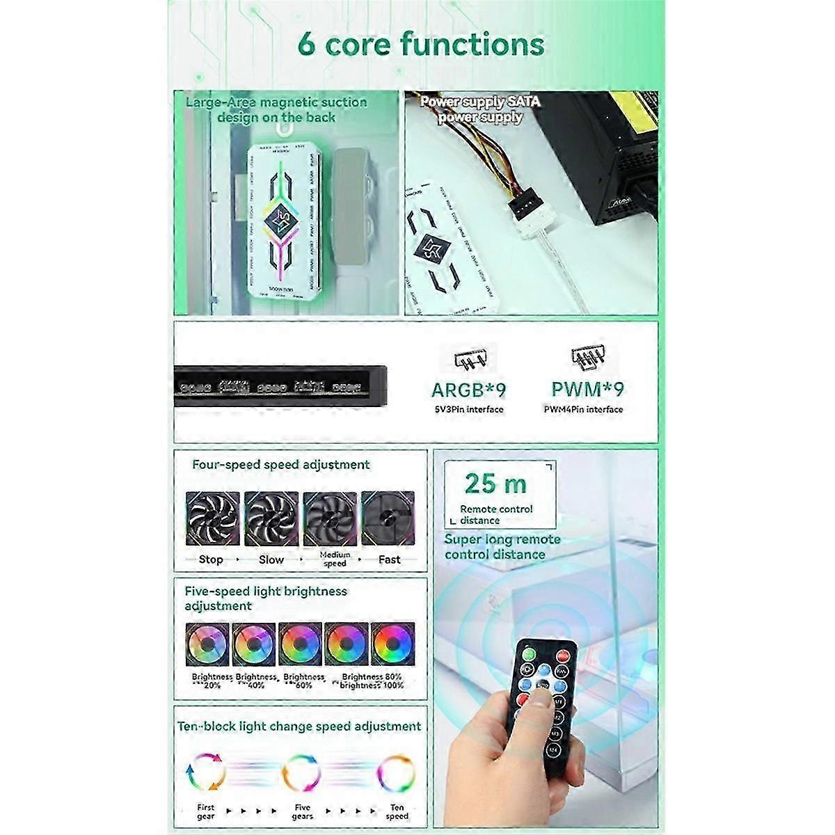 ARGB Controller 5V 3Pin ARGB Fan Hub 1 to 9 Splitter PWM Cooling Fan ...