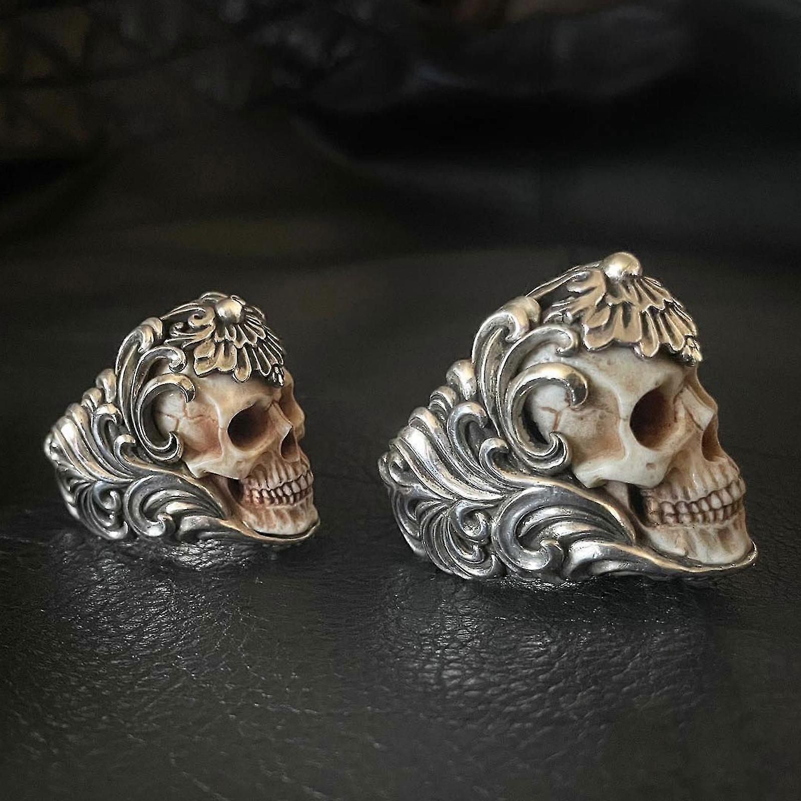 Vintage Polish Floral Armor Antler Skull Ring, Adjustable Open Gothic Punk Antique Style Skull ...