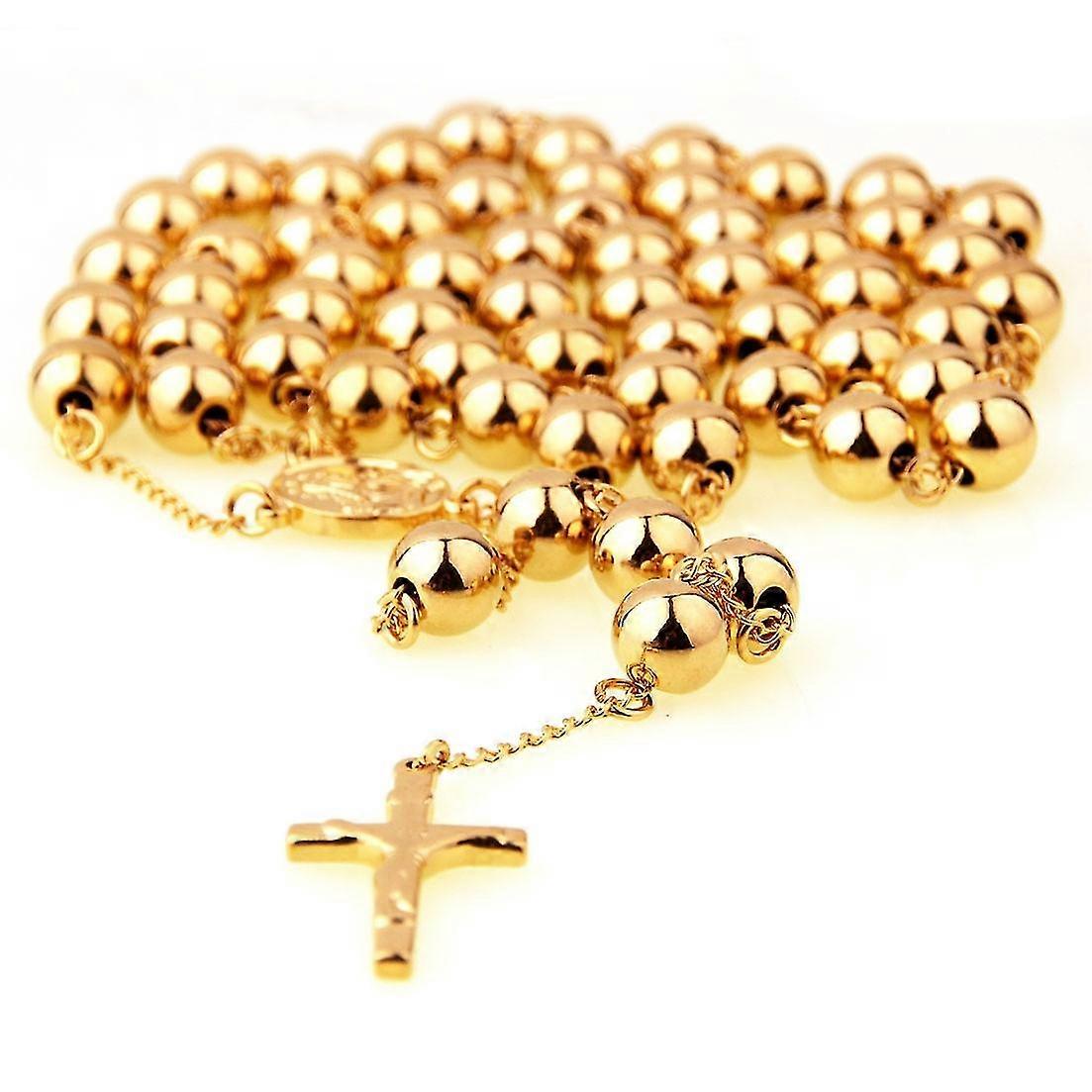 Mens Necklace Chain Italy Gold Tone Bead Chain Crown Rosary Jesus Cross ...