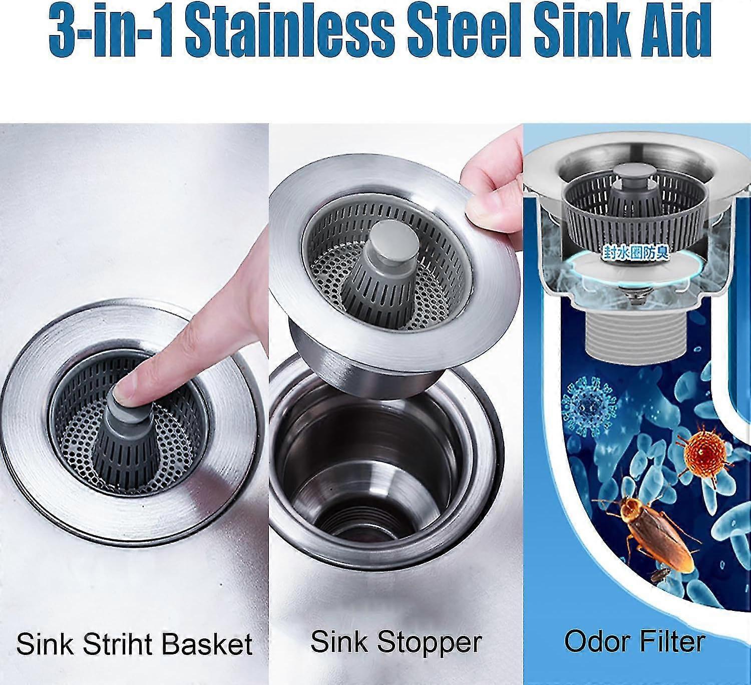 3-in-1 Stainless Steel Sink Aid, Kitchen Sink Drain Straine1r For 3-1/2 ...