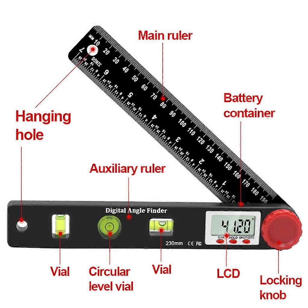 Digital Protractor 4-in-1 Multifunction Bevel Ruler 0 ~ 360 Digital Angle Finder with LCD ...