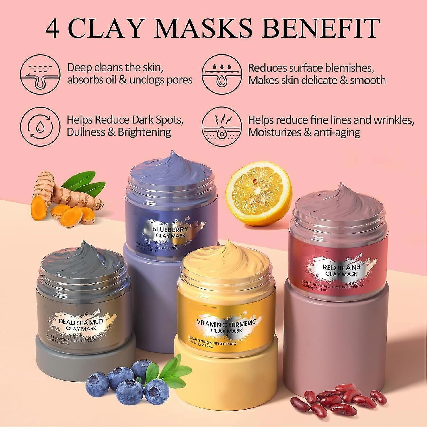 4 Pcs Clay Mask Skincare Gift Set, Vitamin C Turmeric Clay Mask, Dead ...