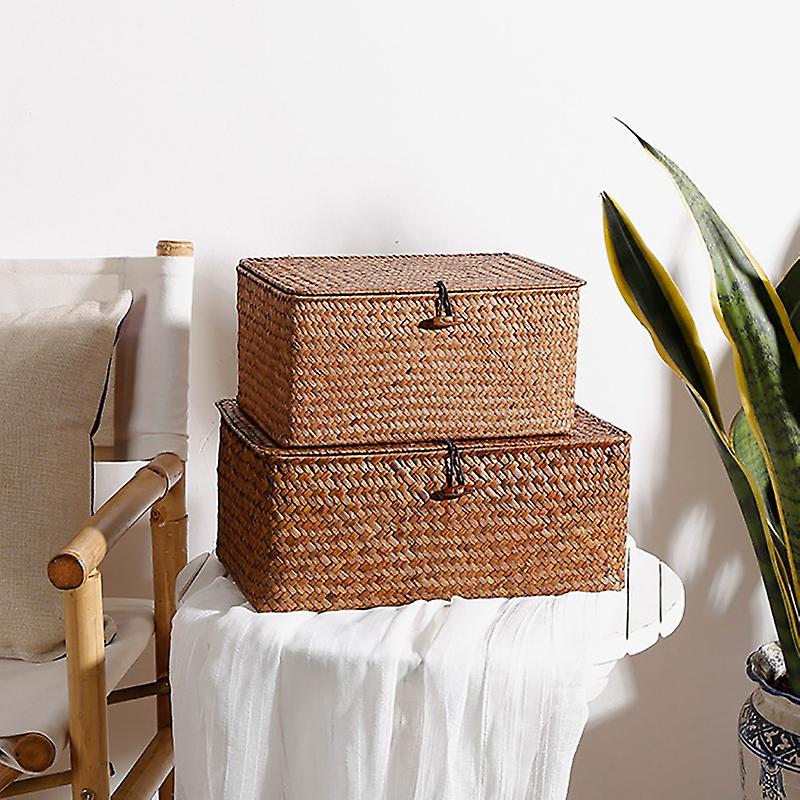 Woven Straw Bins With Lid - Set Of 4 - Rectangular Seagrass Basket ...