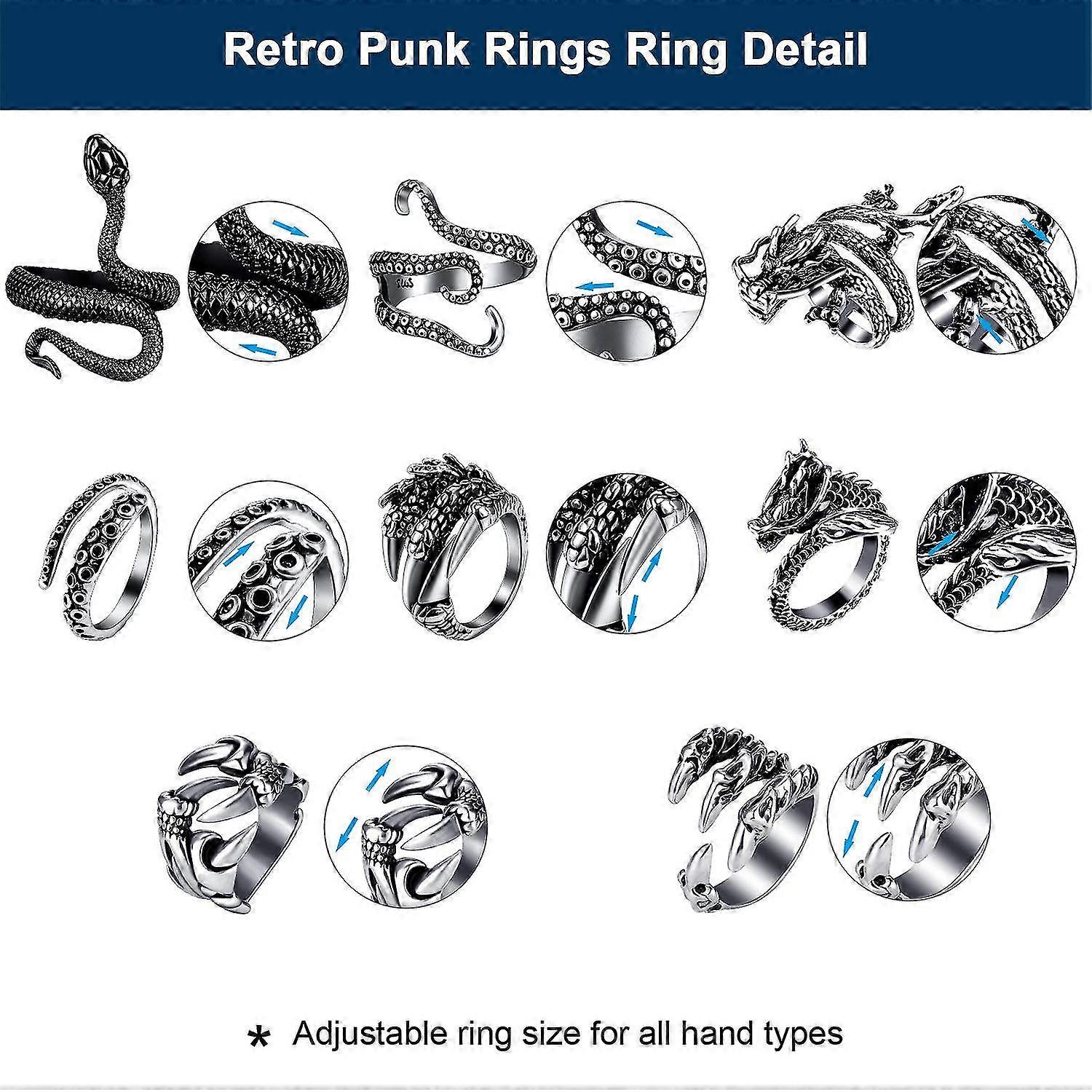 8 Pieces Vintage Punk Rings Octopus Dragon Snake Adjustable Ring - B ...