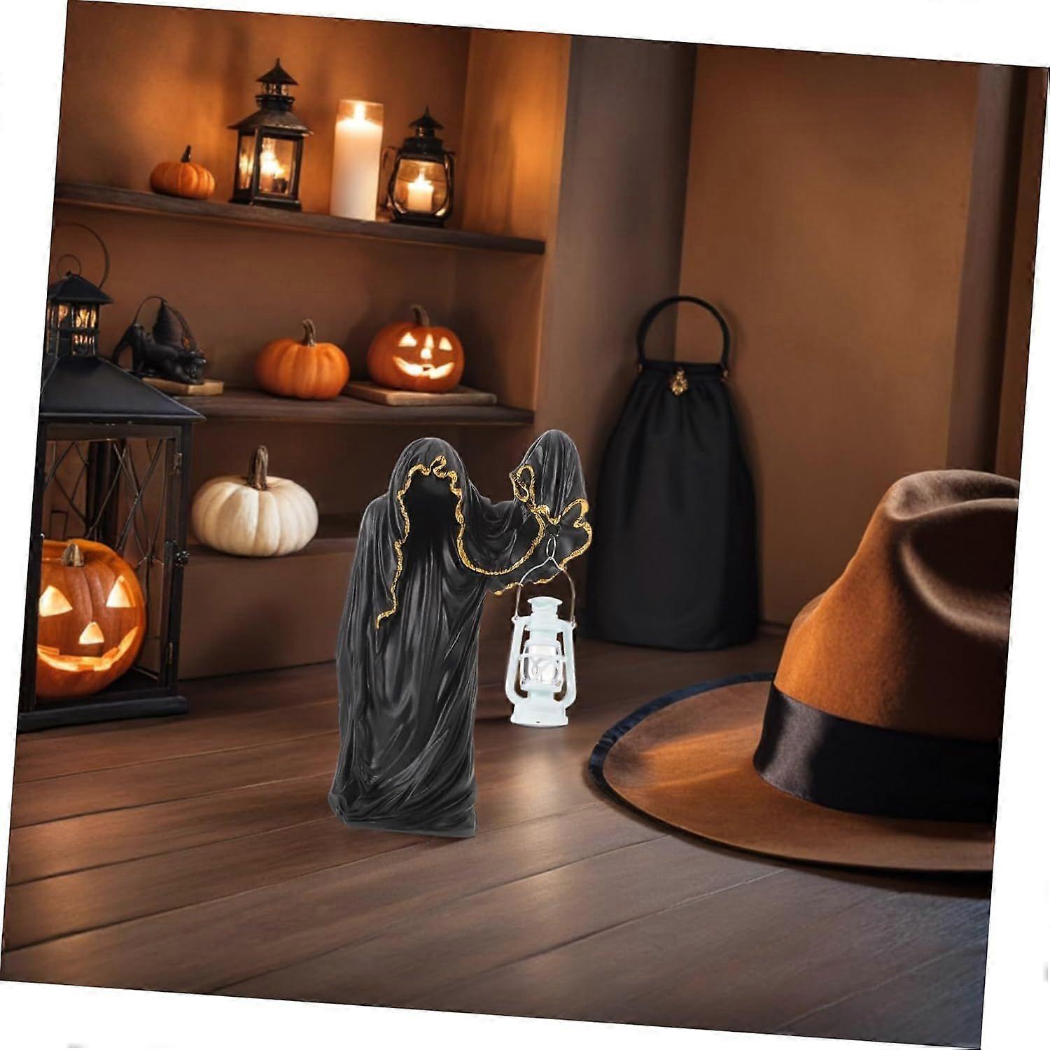 Ghost Wizard Statue with Lantern, Horror Resin Figurine for Halloween ...