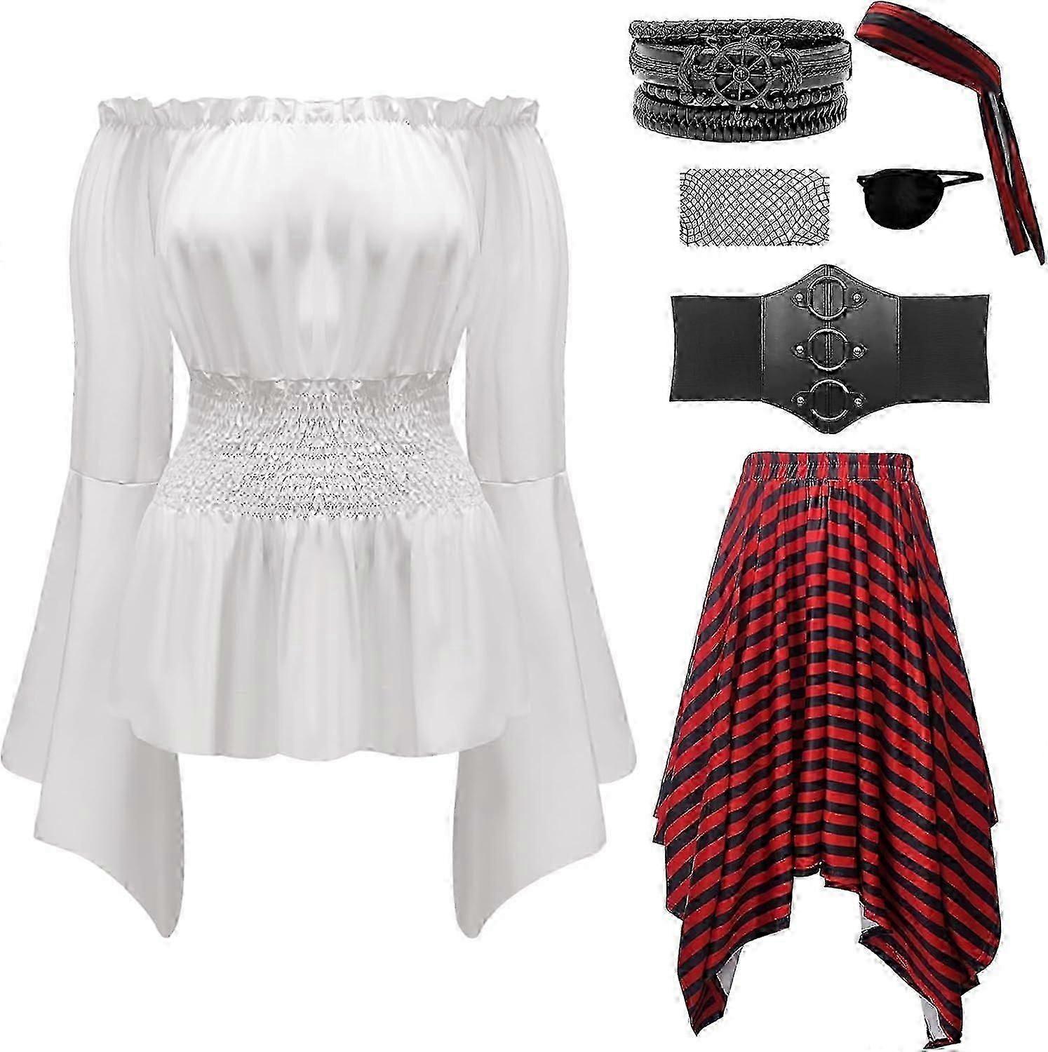 7Pcs Womens Pirate Costume Cosplay Renaissance Blouse Tops Corset Waist ...