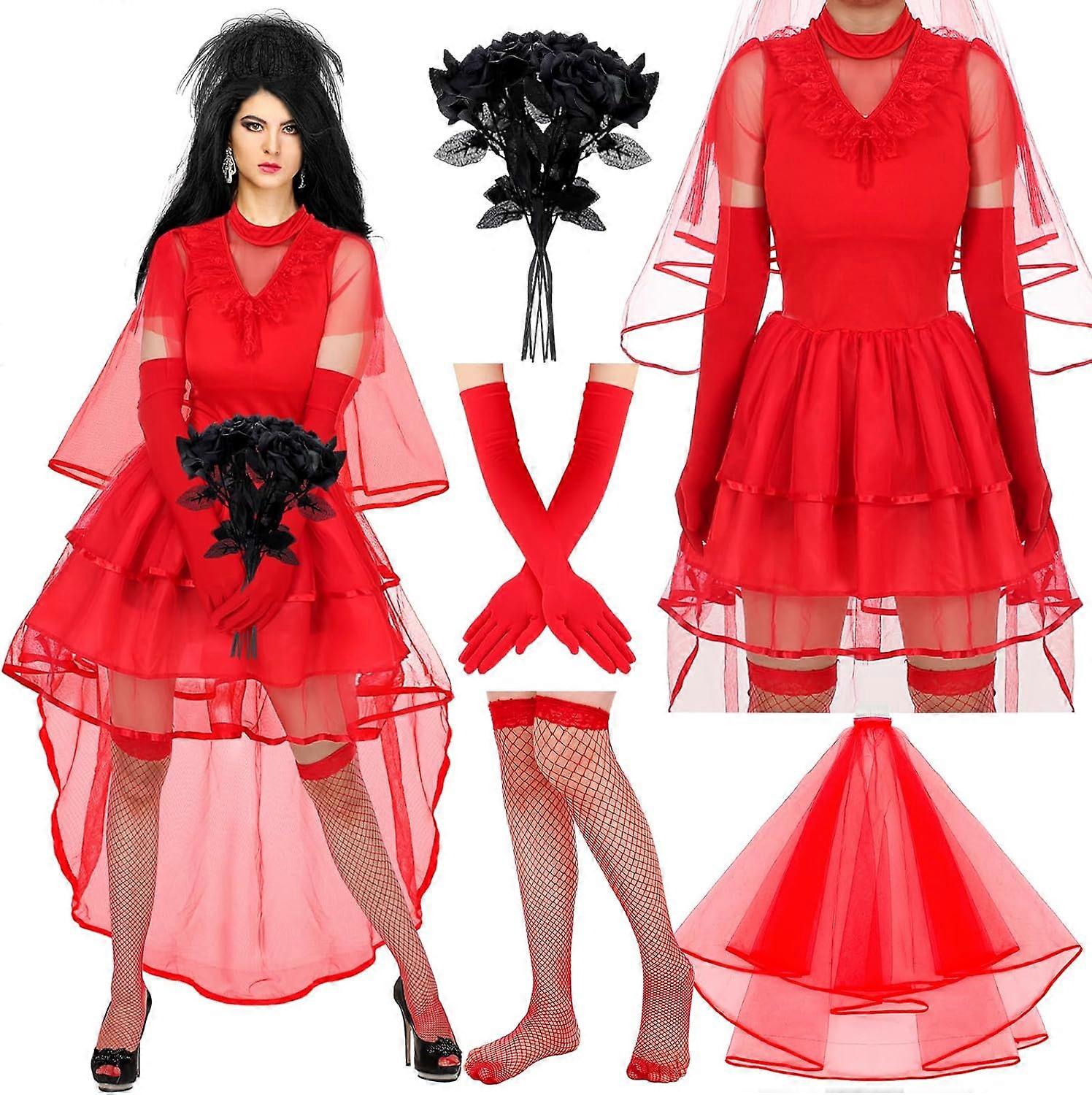 Women Halloween Cos Bride Costume Set Adult Red Gothic Wedding Dress ...