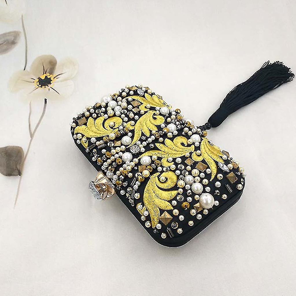 Luxury Beads Embroidery Clutch Bag Black Tassels Evening Bags Bridal ...