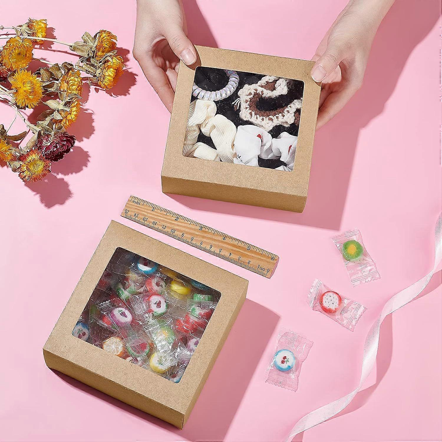 16Packs 5.5x5.5x2inch Clear PVC Square Window Gift Boxes Brown Kraft ...