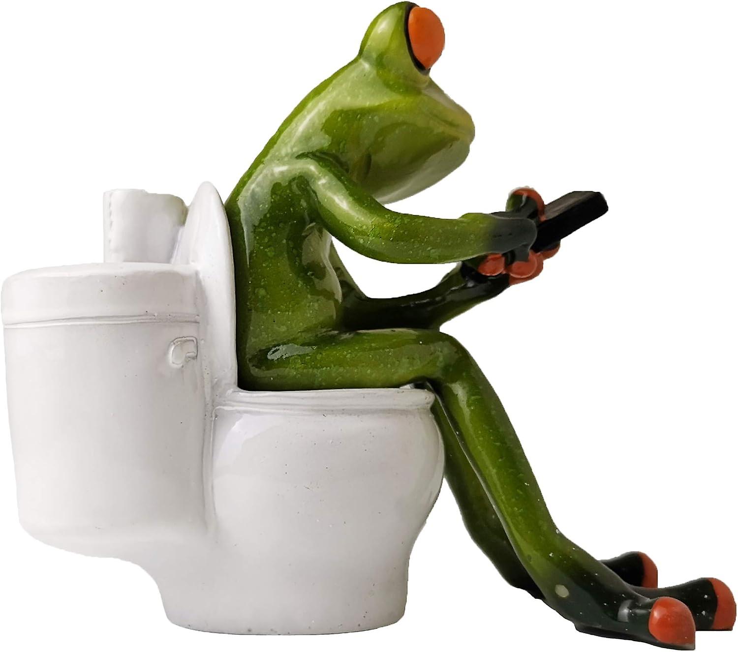 Frog Statue Decoration, Frog Sitting on Toilet Playing with Mobile ...