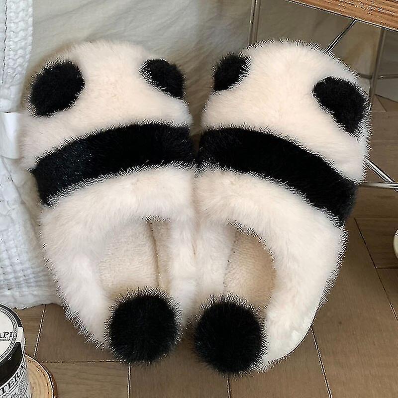 Kawaii Panda Slippers Women Girls Fluffy Fur Slides Winter Warm Plush ...