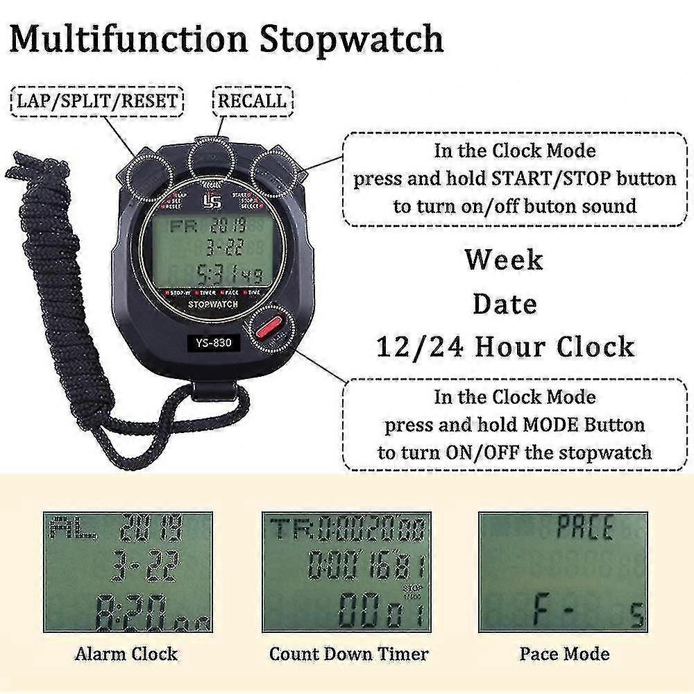 Stopwatch Professional Timer 3 Raw 10/30/100 Lap Split Memory With Digital Extra Large Screen ...