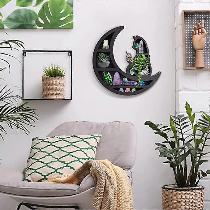 Cat on The Moon Wooden Shelf for Crystals, 14Inch Black Wall Mounted ...