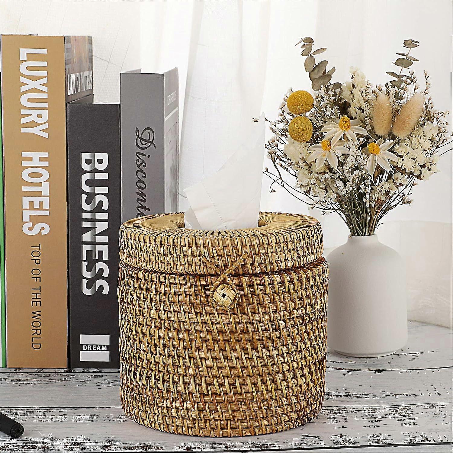 1 x Rattan Tissue Box Round Dispenser Tissue Box Desk Organizer is ...