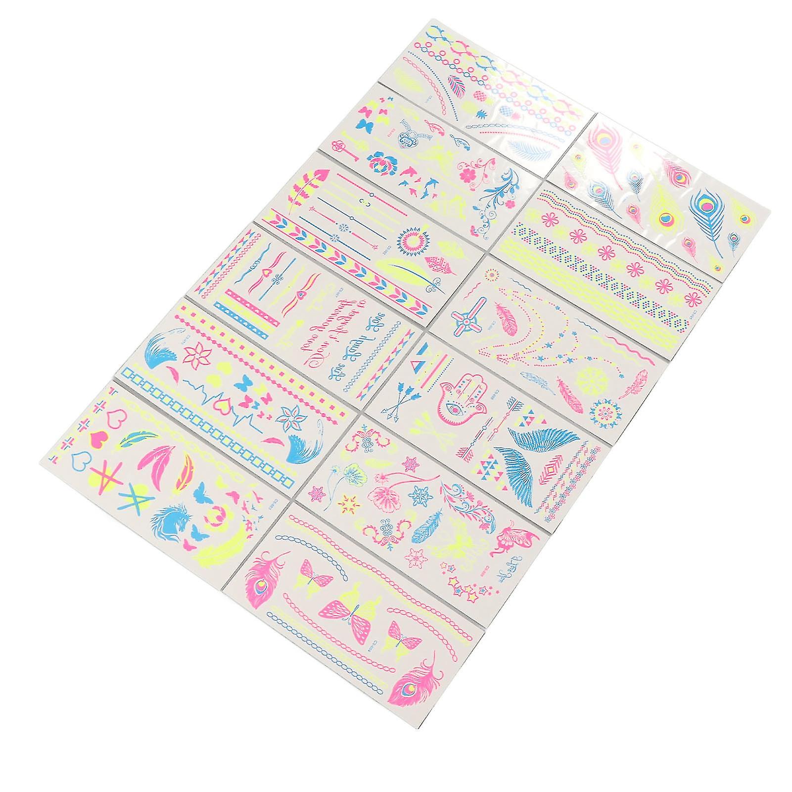 Fluorescent Temporary Tattoos 12 Sheets Full Body Stickers for Party ...