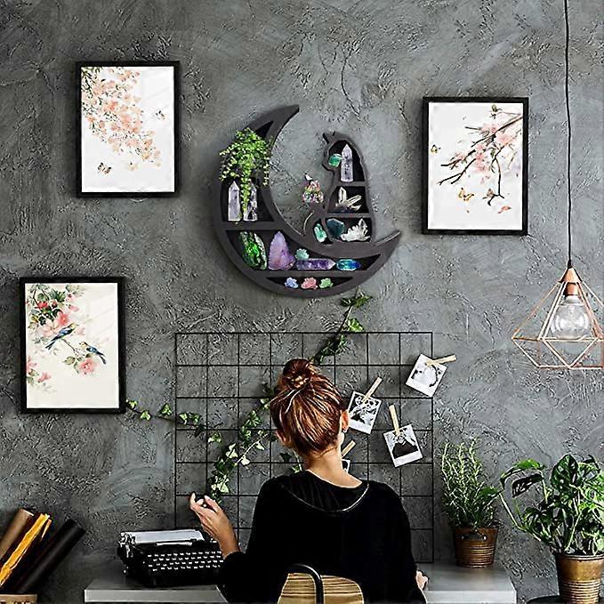 Cat on The Moon Wooden Shelf for Crystals, 14Inch Black Wall Mounted ...