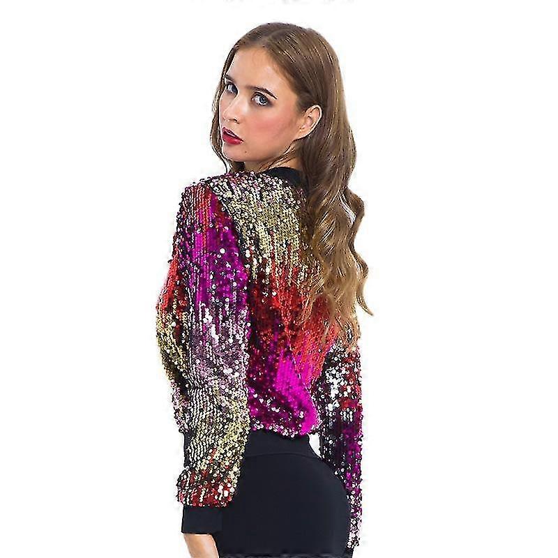 Women's Sequin Jacket Long Sleeve Zipper Up Party Glitter Shimmering ...