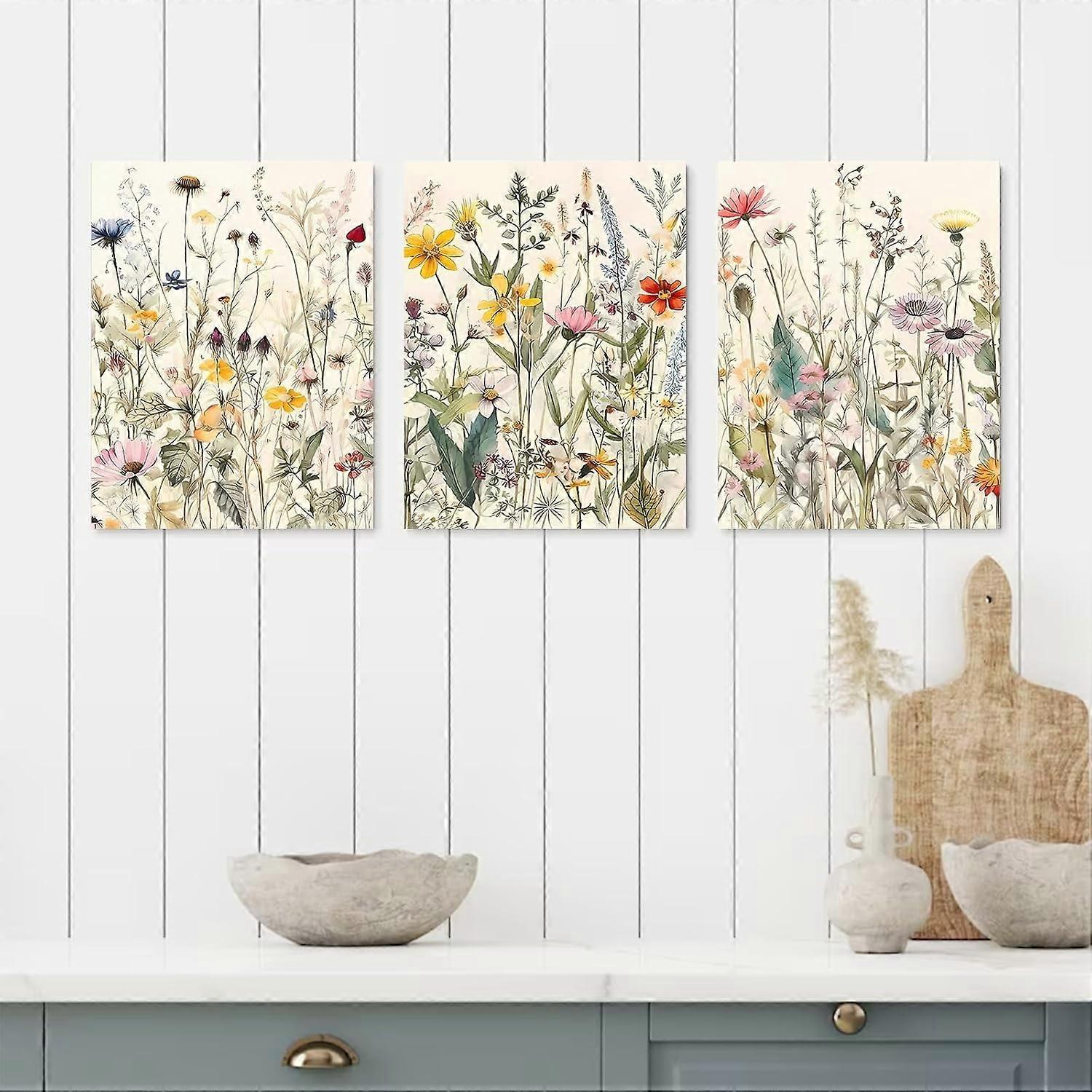Framed Canvas Wall Art Set of 3 – Minimalist Floral, Boho Watercolor ...