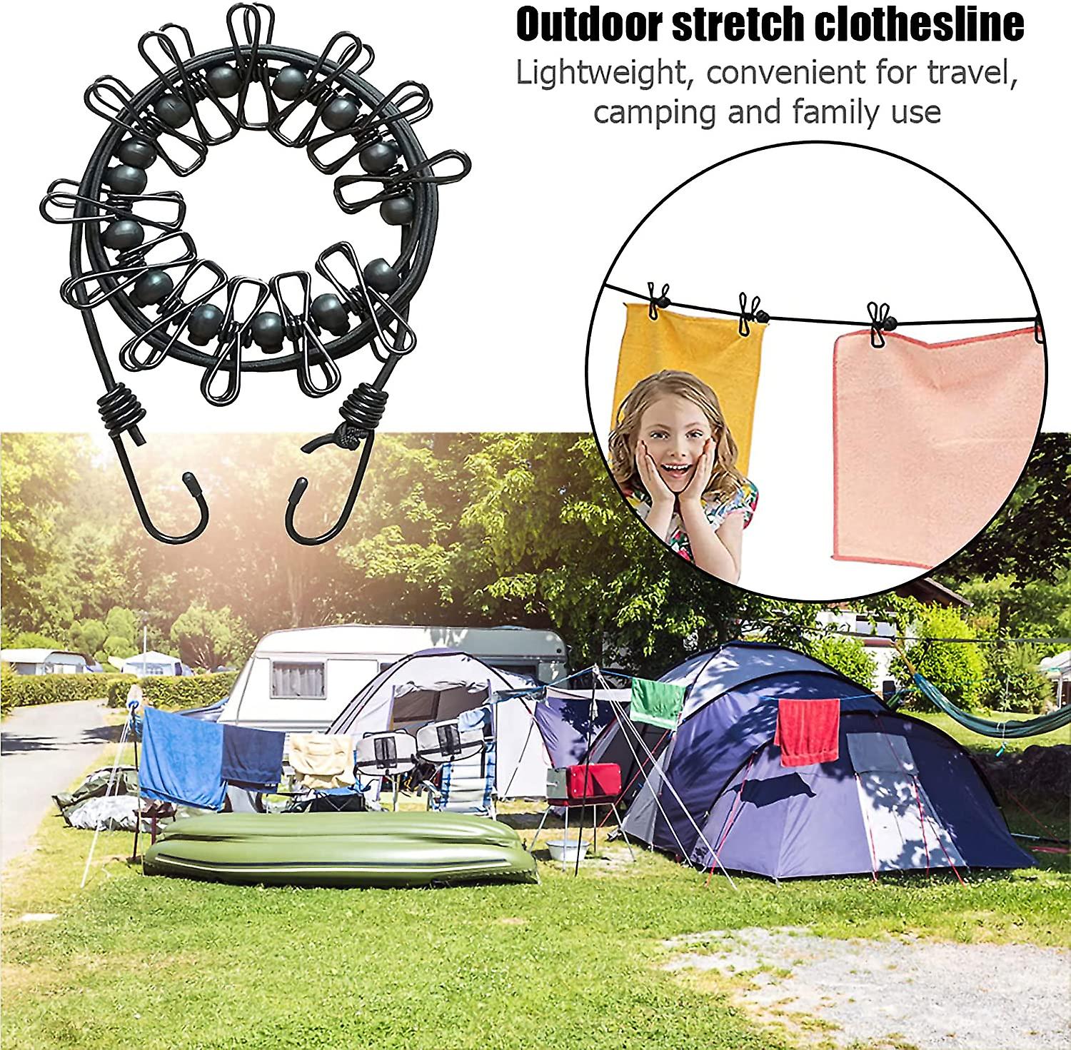 Outdoor Clothesline with Clips, Adjustable Elastic Portable Clothesline ...